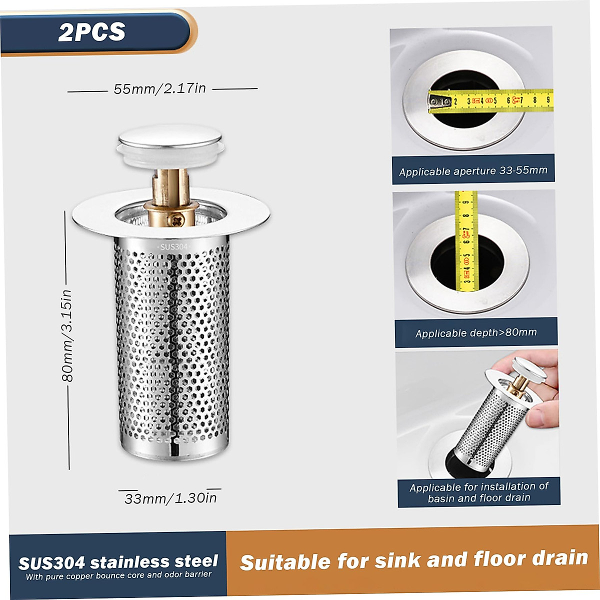 2 PCS Sink Drain Strainer Stainless Steel Drain Stopper Pop-up Washbasin Drain Filter with Removable Basket for Bathroom Kitchen Bathtub Water Pipe 2.2*3.2inch Long Sink Strainer Kitchen Drain Bathroo
