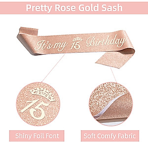 PHD CAKE 15th Birthday Decorations for Girls, Including 15th Birthday Crown/Tiara, Sash, Birthday Candles, 15 Number Balloon, Happy 15th Birthday Decorations for Girls