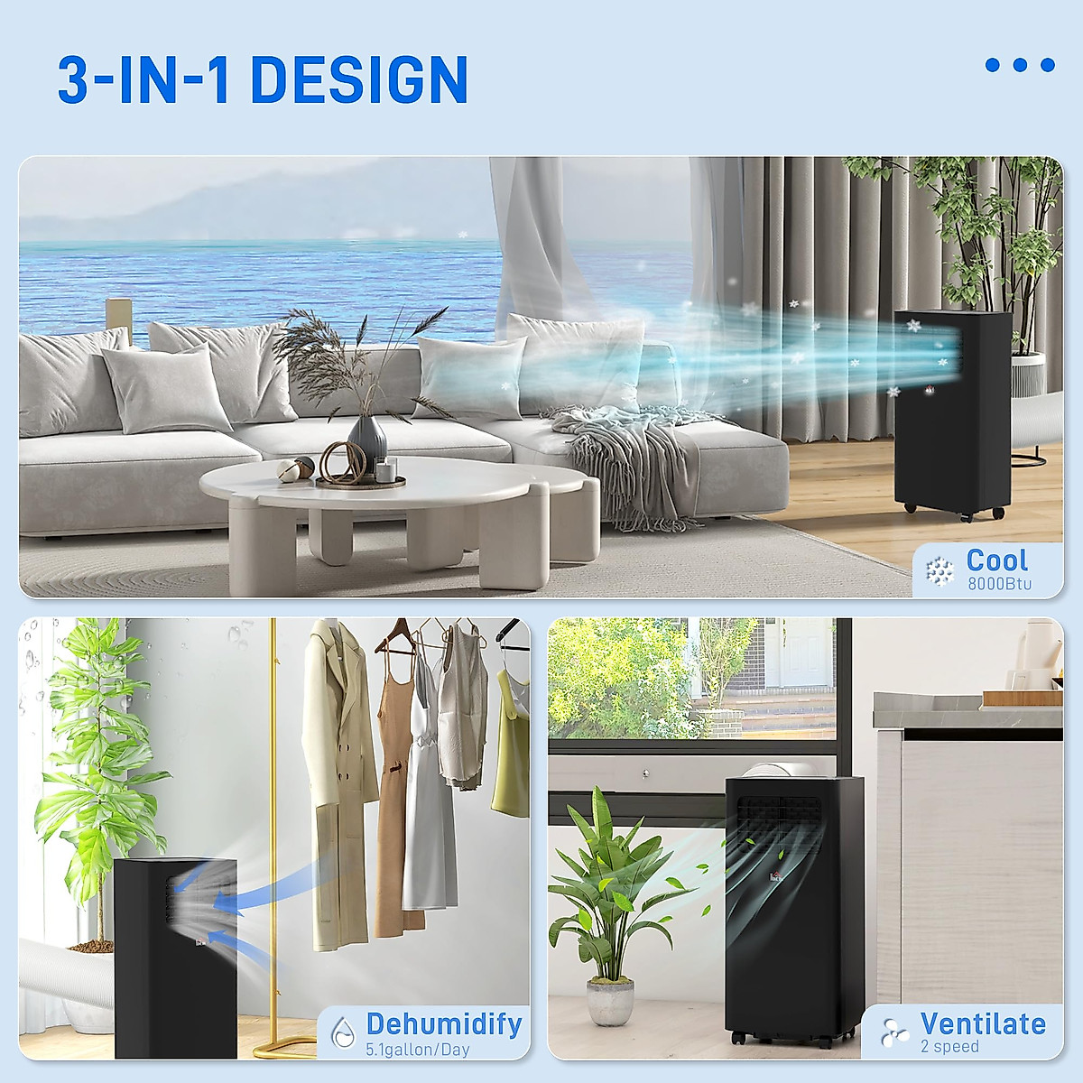 HOMCOM 8000 BTU Portable Air Conditioner for Rooms Up to 345 Sq. Ft., 3-in-1 AC Unit with Dehumidifier, Cooling Fan, Sleep, Remote, 24H Timer On/Off, Window Installation Kit, Black