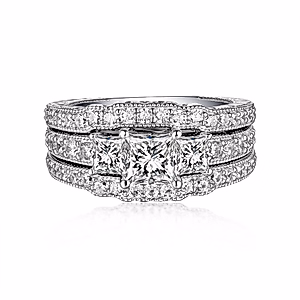 2.8 Ctw Moissanite Princess Cut Wedding Ring Set for Women White Gold 3 Pieces 3 Stone Bridal Ring Set Engagement Ring Set 10K 14K 18K Gold Bridal Set Anniversary Promise Rings for Her(14K)