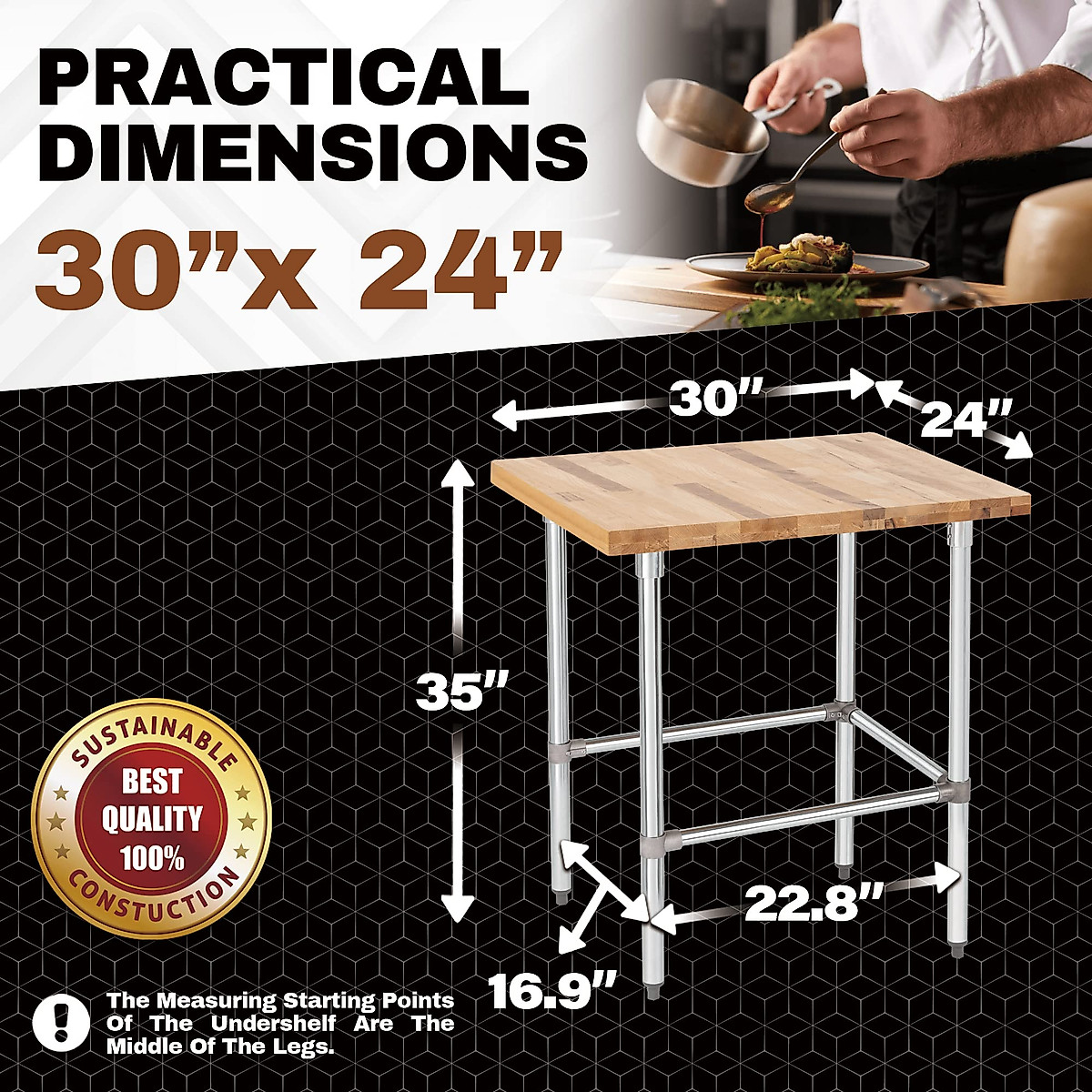 US Maple Top Work Table - 30 x 24 x 35 Inch Commercial Butcher Block Wooden Workbench with Open Base Stabilizing Leg Cross Braces - Fits Restaurant, Warehouse, Home, Kitchen, Garage by DuraSteel