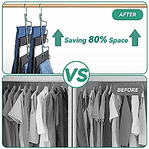 Pack of 2 Pants Hangers, 5 Layers Space Saving Jeans Hangers Detachable Clothes Trousers Hangers for Slacks Scarf Jeans + 2 Space Saving Magic Hangers - Closet Wardrobe Clothes Organizers