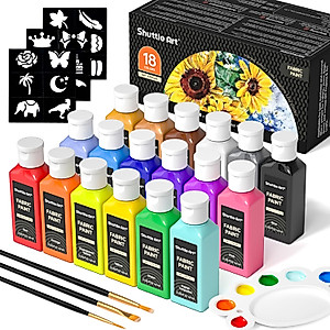 Fabric Paint, Shuttle Art 18 Colors Permanent Soft Fabric Paint in Bottles (60ml/2oz) with Brushes, Palette, Stencils, Non-Toxic Textile Paint for T-shirts, Shoes, Jeans, Bags, DIY Projects&Art Crafts