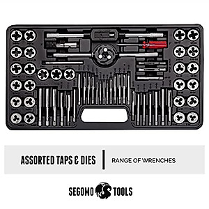Segomo Tools 60 Piece Metric & SAE Threading Tap & Die Tool Set with Storage Case | Rethreading Kit | Tap Set | Tap and Die Kit | Tap and Die Set Metric and Standard - TD60MMSAE
