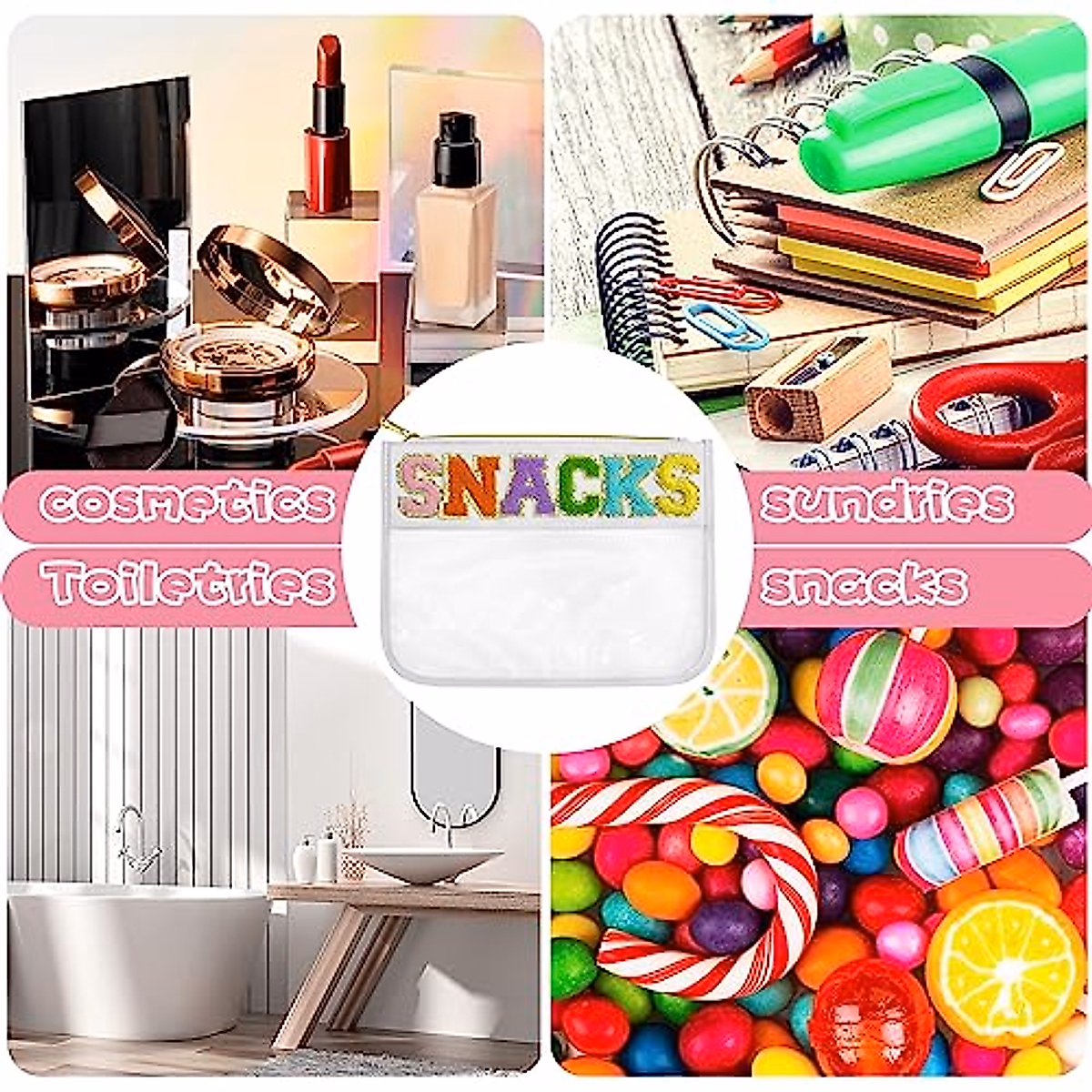 LSxia Chenille Letter Clear Travel Zipper Pouch Nylon Makeup Bag, Preppy Makeup Bag Clear Cosmetic Toiletry Bag, Water-proof Makeup Travel Pouch Snack Bags for Women Girls (White-Snacks)