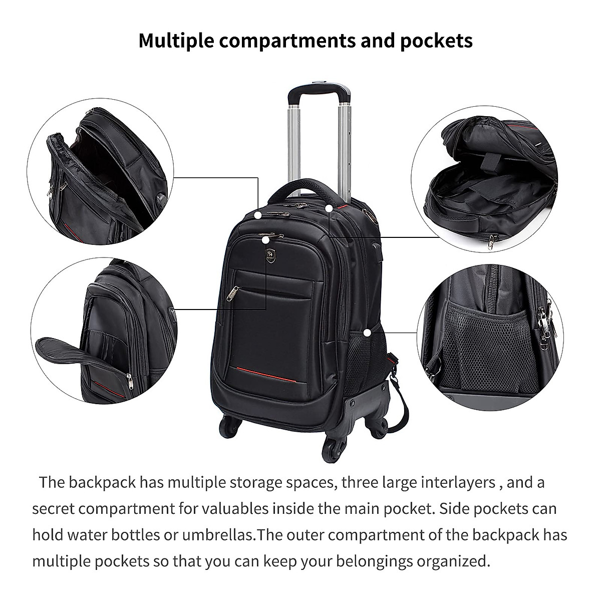 Temilla 360 °rotating Water Resistant Rolling Backpack with 4 Wheels,Travel Business College School，With Usb Charging Port (18-lnch)