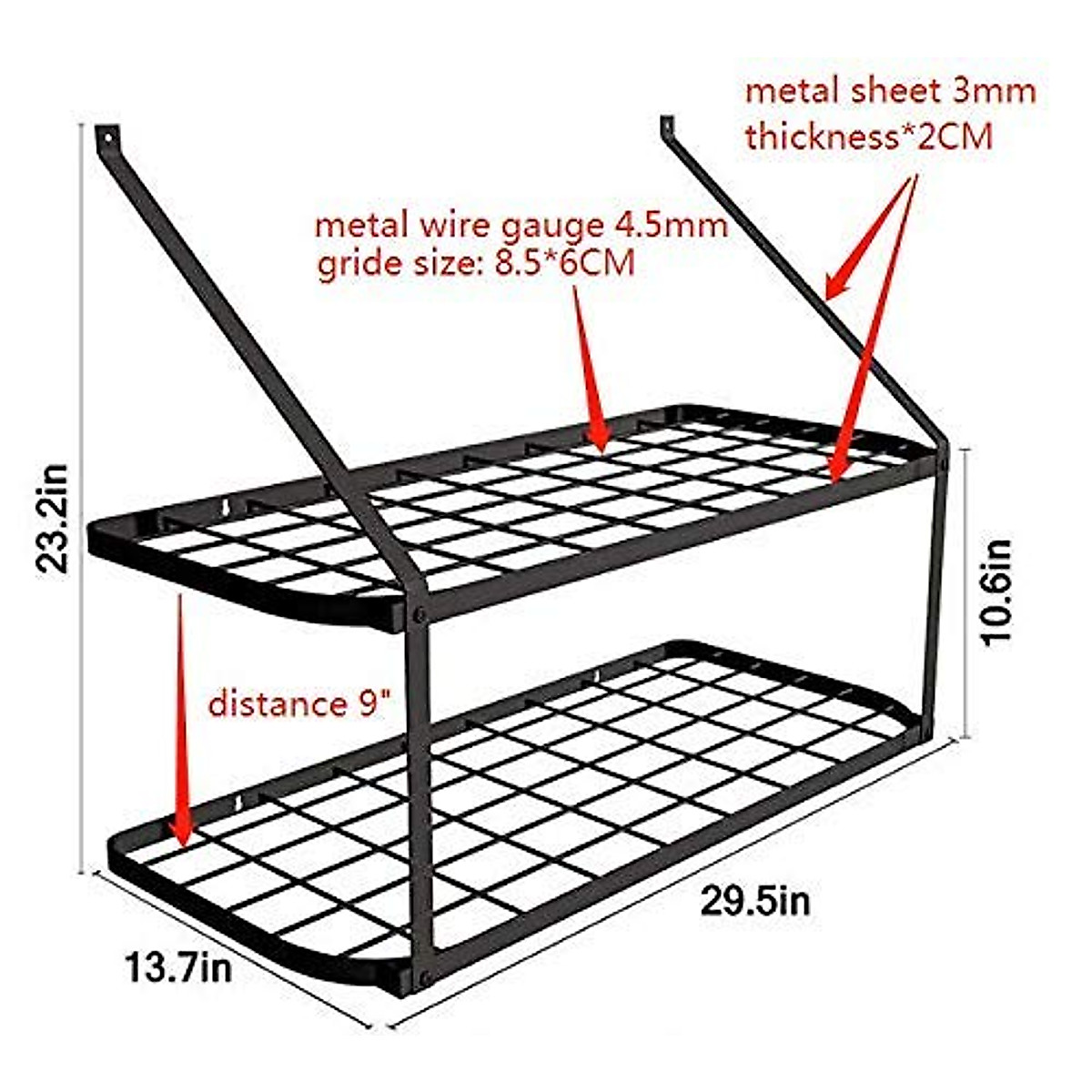 Heavy Duty Kitchen Wall Mounted Hanging Pot and Pan Rack Organizer with Ten Hooks | 2-Tiered Shelves For Kitchen Storage Organization, Bakers Rack, Cast Iron Skillets, Plants, Coffee Mugs (Black, 29")