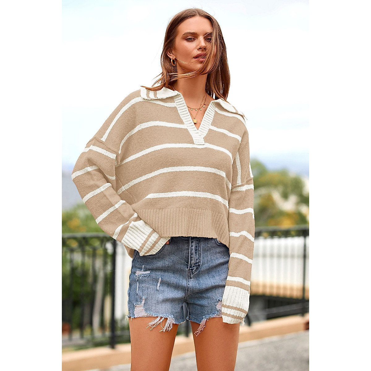 PRETTYGARDEN Women's Pullover Striped Sweaters Casual Collared V Neck Long Sleeve Ribbed Knit Loose Blouse Top (Light Khaki,Medium)