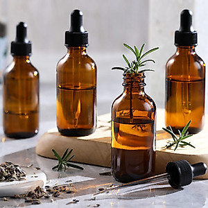 AOZITA Set of 4, 1 oz Eye Dropper Bottles with 1 Stainless Steel Funnels & 4 Labels - 30ml Thick Dark Amber Glass Tincture Bottles - Leakproof Essential Oils Bottle for Storage and Travel