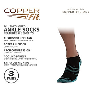 Copper Fit Unisex No Show Sport Socks, Black, Large-X-Large, 3 Pair