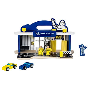 Theo Klein Michelin Car Service Station Kids Wooden Toy Playset with 2 Cars, 2 Fuel Pumps, and Car Wash Station for Ages 3 and Up
