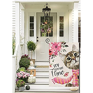 Spring Garden Flag for Outside 12x18 Double Sided,Cat with Sakura Scarf Small Yard Flag,Summer Seasonal Decors for Outdoor Anniversary Wedding Farmhouse Holiday