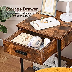 Iwell Nightstands Set of 2, End Table, Side Table, Bedside Table with Drawer and Storage Shelf for Bedroom, Small Space, Easy Assembly, Steel, Industrial Design, Rustic Brown