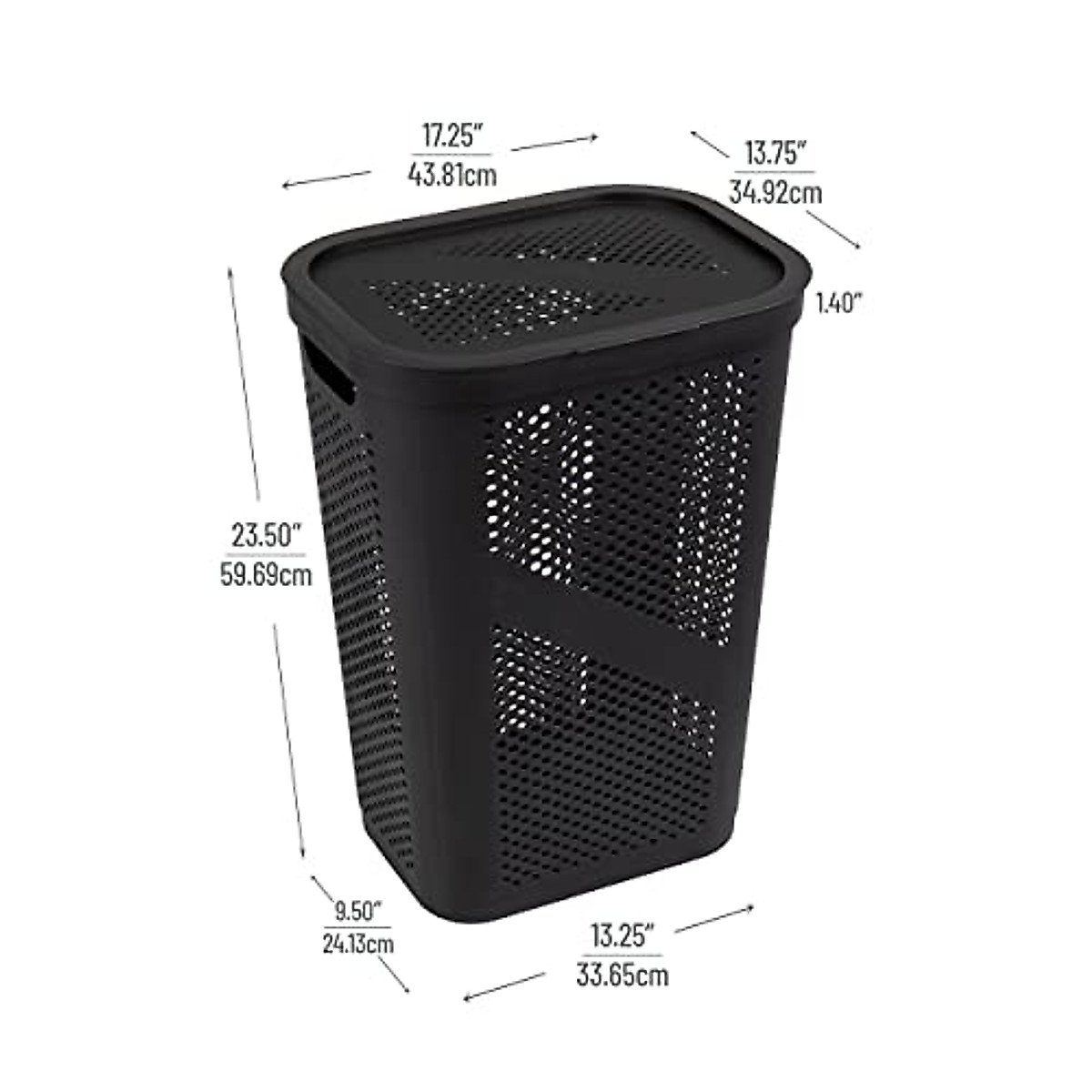 Mind Reader Basket Collection, Slim Laundry Hamper, 60 Liter (15g/33lbs) Capacity, Cut Out Handles, Attached Hinged Lid, Ventilated, Black