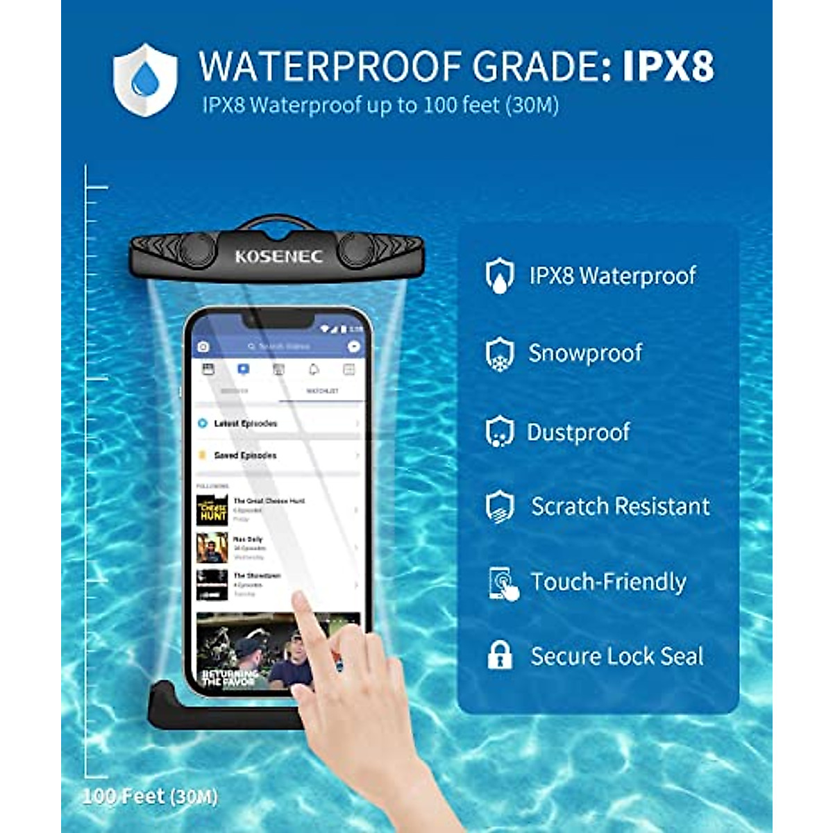 KOSENEC Universal Waterproof Pouch, IPX8 Waterproof Phone Case/Holder Underwater Cellphone Dry Bag for Beach Travel Kayaking Swimming, Compatible for iPhone 13 12 11 XS X 8 Series, Galaxy Up to 7.2"