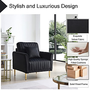 Tmosi Modern Velvet Single Sofa Couch Chair,Accent Armchair with Removable Backrest Pillows,Arm Club Leisure Modern Chair with Gold Metal Legs for Living Room,Bedroom,Office,Apartment (Black)