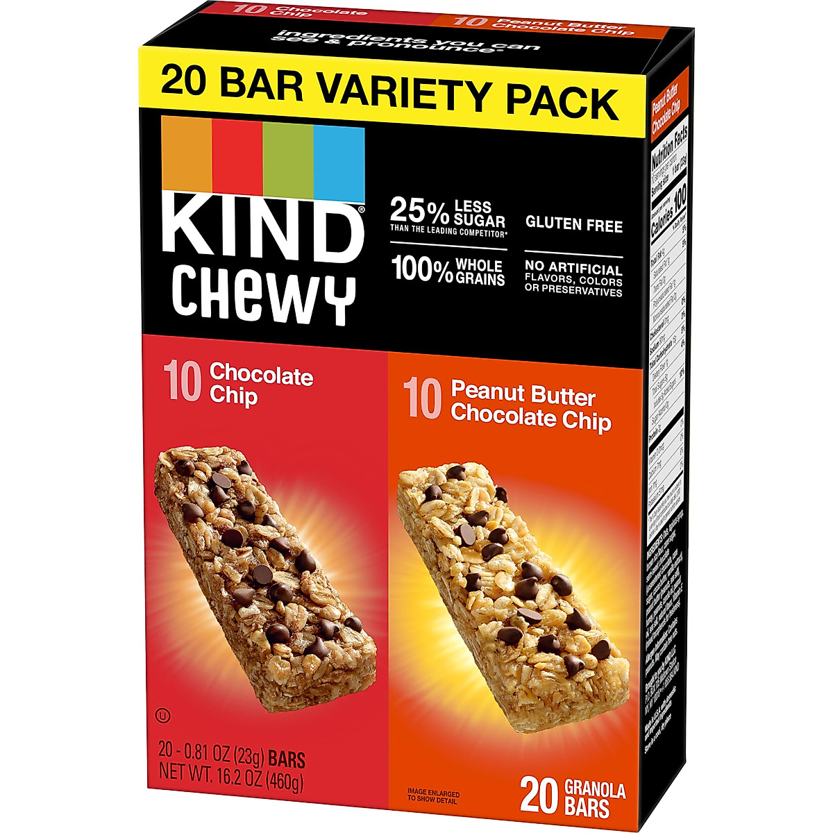 KIND KIDS Chewy Granola Bars, Chocolate Chip and Peanut Butter Chocolate Chip, Variety Pack, 100% Whole Grains, Gluten Free Bars, 0.81 oz (20 Count)