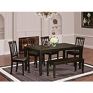 East West Furniture Lynfield 6 Piece Set Contains a Rectangle Dining Room Table with Butterfly Leaf and 4 Faux Leather Upholstered Chairs with a Bench, 36x66 Inch, Cappuccino