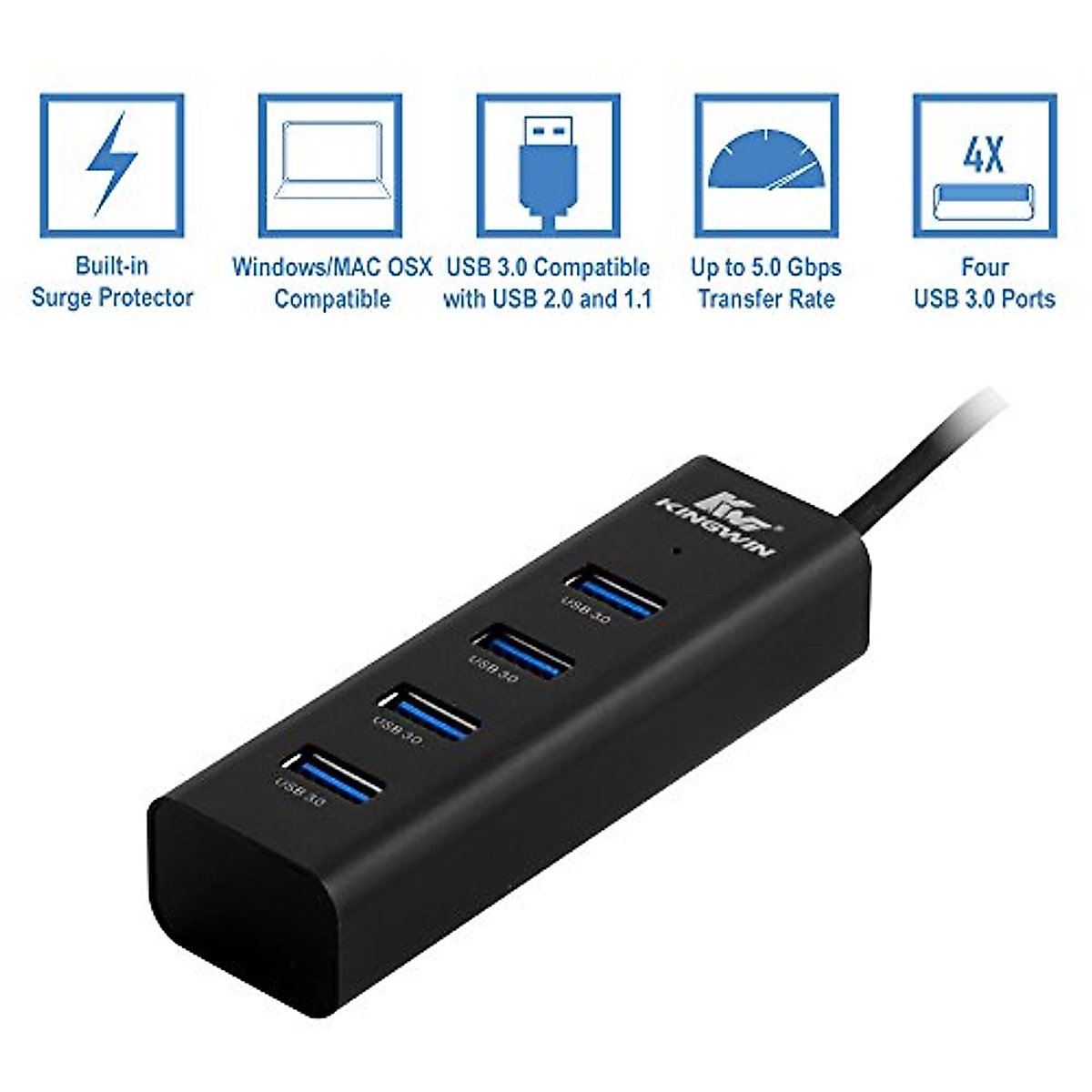 Kingwin USB Hub 4 Port USB 3.0 Data Hub Aluminum for Mobile SSD, MacBook, Mac Pro/Mini, iMac, Chromebook, Surface Pro, USB Flash Drives, Notebook PC, XPS, and More (KWZ-400-BK)