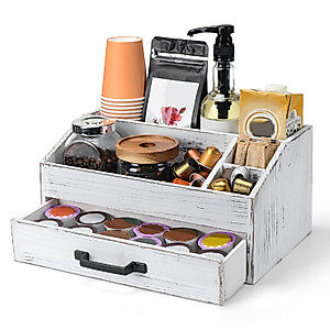 ikkle Wooden Coffee Station Organizer with Drawer, Rustic Coffee Bar Accessories Organizer for Counter, Coffee Pods Drawer Holder and Organizer, Farmhouse Coffee Bar Decor for Home (White)