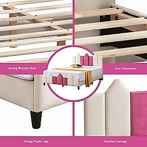 Mixoy Full Size Kids Bed Frames,Upholstered Full Platform Bed Frame for Children with Headboard,Toddler Bed for Girls, Teens,No Box Spring Needed, Easy Assembly(Pink/White,Full)
