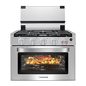 AMZCHEF RV Gas Range 17 Inches Tall, 1.24 Cu.Ft Propane Range Oven with 3 Burners Stove for RV, Apartment, Mobile Home, Stainless Steel.