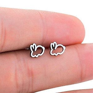 GFDGG Stainless Steel Lovely Hollow Bunny Rabbit Stud Earrings Jewelry for Women Girls Birthday Gift (Silver)
