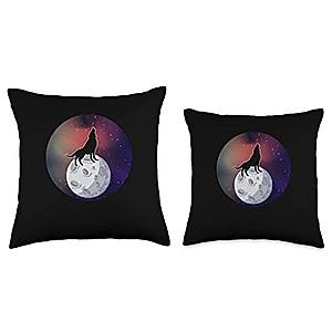Cosmic Wolf Howling Moon Space Wolves Watercolor Cosmic Wolf Howling Moon Space Arctic Wolves Watercolor Throw Pillow, 16x16, Multicolor