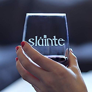 Slainte Irish Cheers - Stemless Wine Glass - Fun Irish Themed Gifts and Decor - Large 17 Ounce