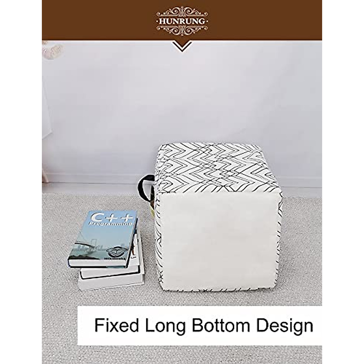 HUNRUNG Square Storage Bins Nursery Hamper Canvas Laundry Basket Foldable with Waterproof Nursery Boxes for Shelves/Gift Baskets/Toy Organizer/Office, Bedroom (Square-black transverse geometry)