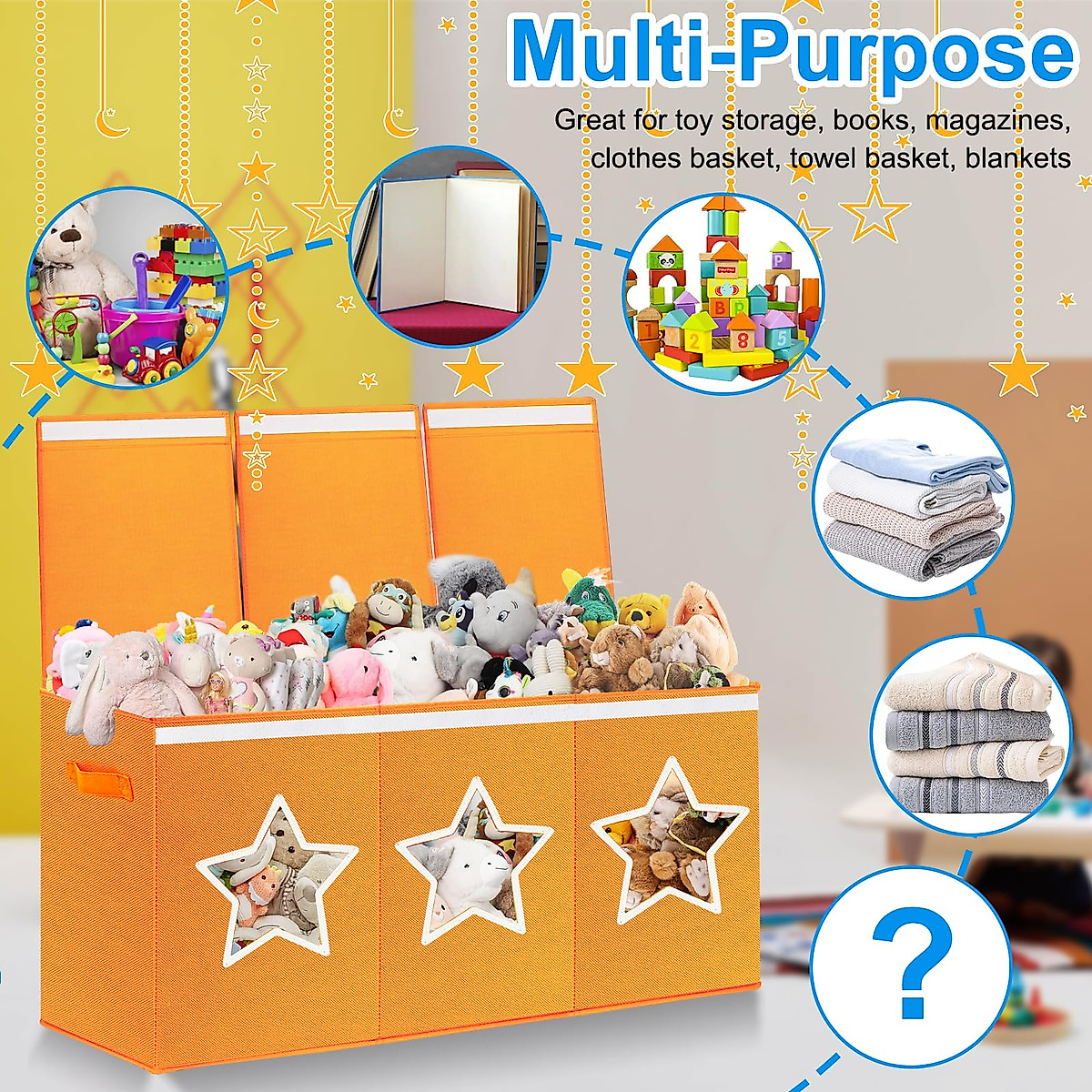 Extra Large Toy Box Chest, Toy Storage Organizer Bins with Transparent Windows, Foldable Storage Box for Kids,Boys,Girls,Toddler,Nursery Room,Playroom(Orange Srar)