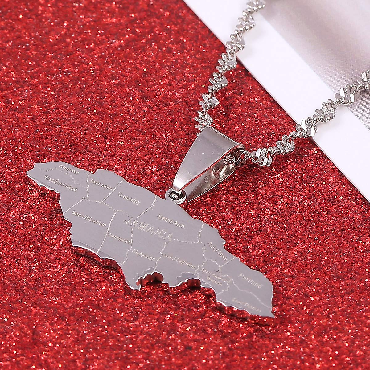 BR Gold Jewelry Stainless Steel Map of Jamaica With City Pendant Necklaces for Women (Silver Color)