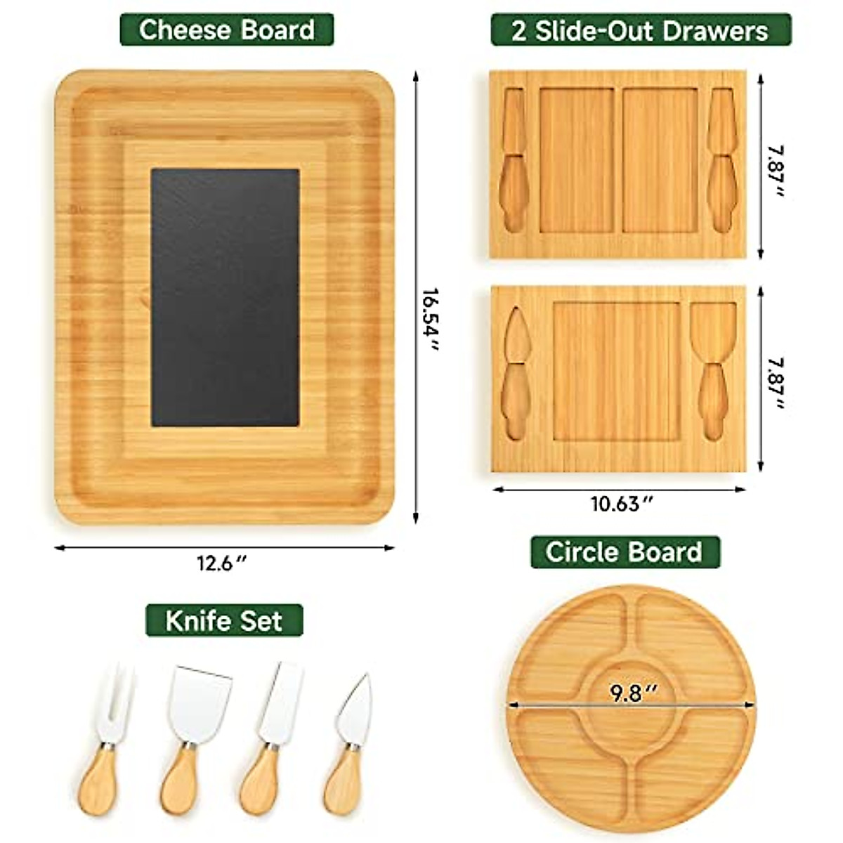 Bamboo Cheese Board Set with Marble, Large Charcuterie Boards and Knife Set, Cheese Platter with 2 Drawers, Include Round Fruit Cheese Platter, Meat and Cheese Cutting Board Housewarming Gift