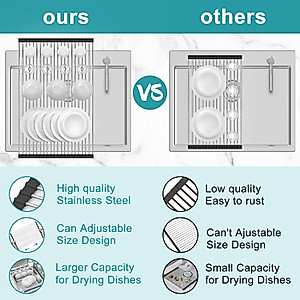 BBXTYLY Extra Large Expandable Roll Up Dish Drying Rack,Over The Sink Drying Rack Sink Cover Kitchen Sink Accessories Kitchen Rolling up Stainless Steel Drainer, Foldable,Rollable（Black，25.1''-17.3''）