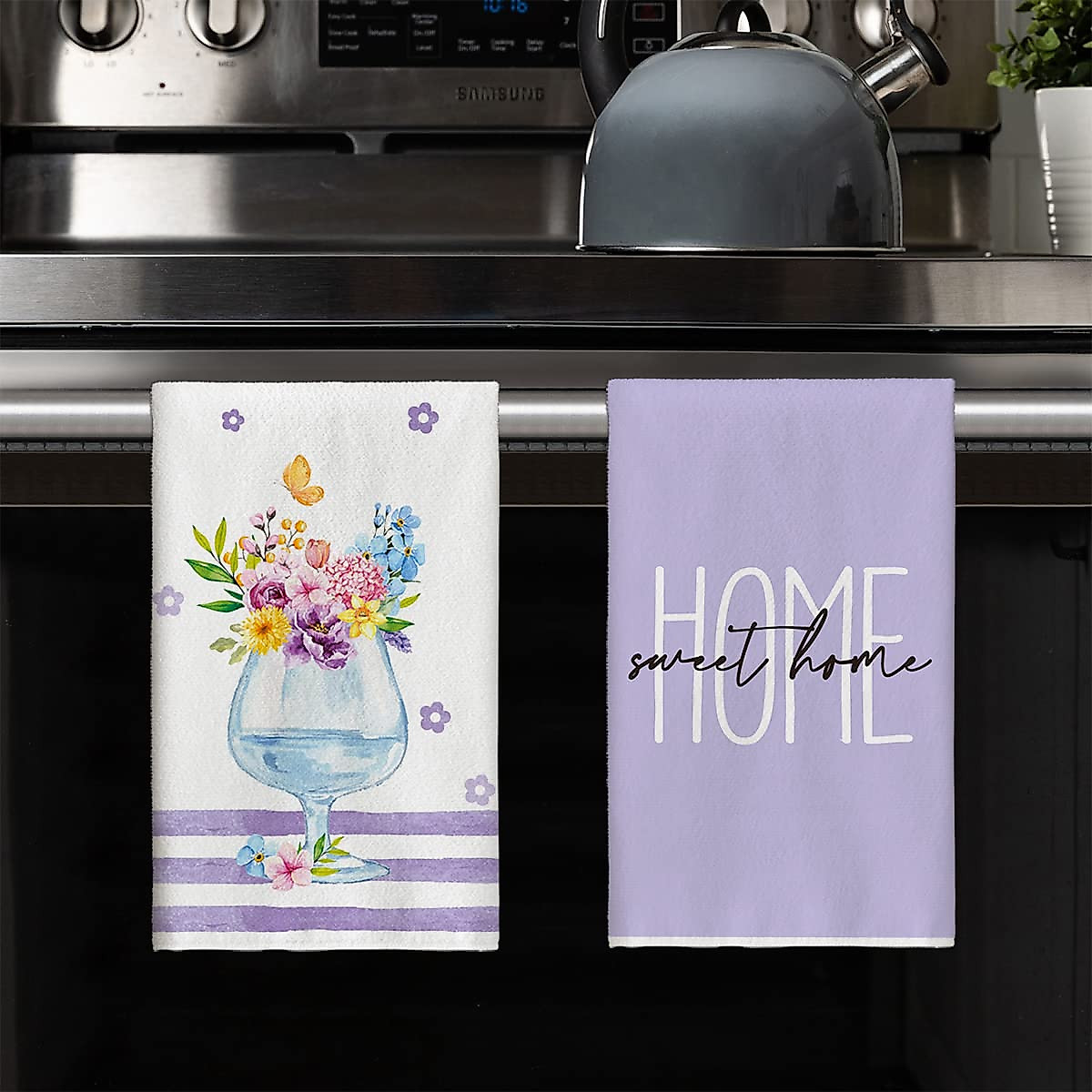 Artoid Mode Purple Stripes Flowers Bloom Spring Kitchen Towels Dish Towels, 18x26 Inch Seasonal Summer Holiday Decoration Hand Towels Set of 2