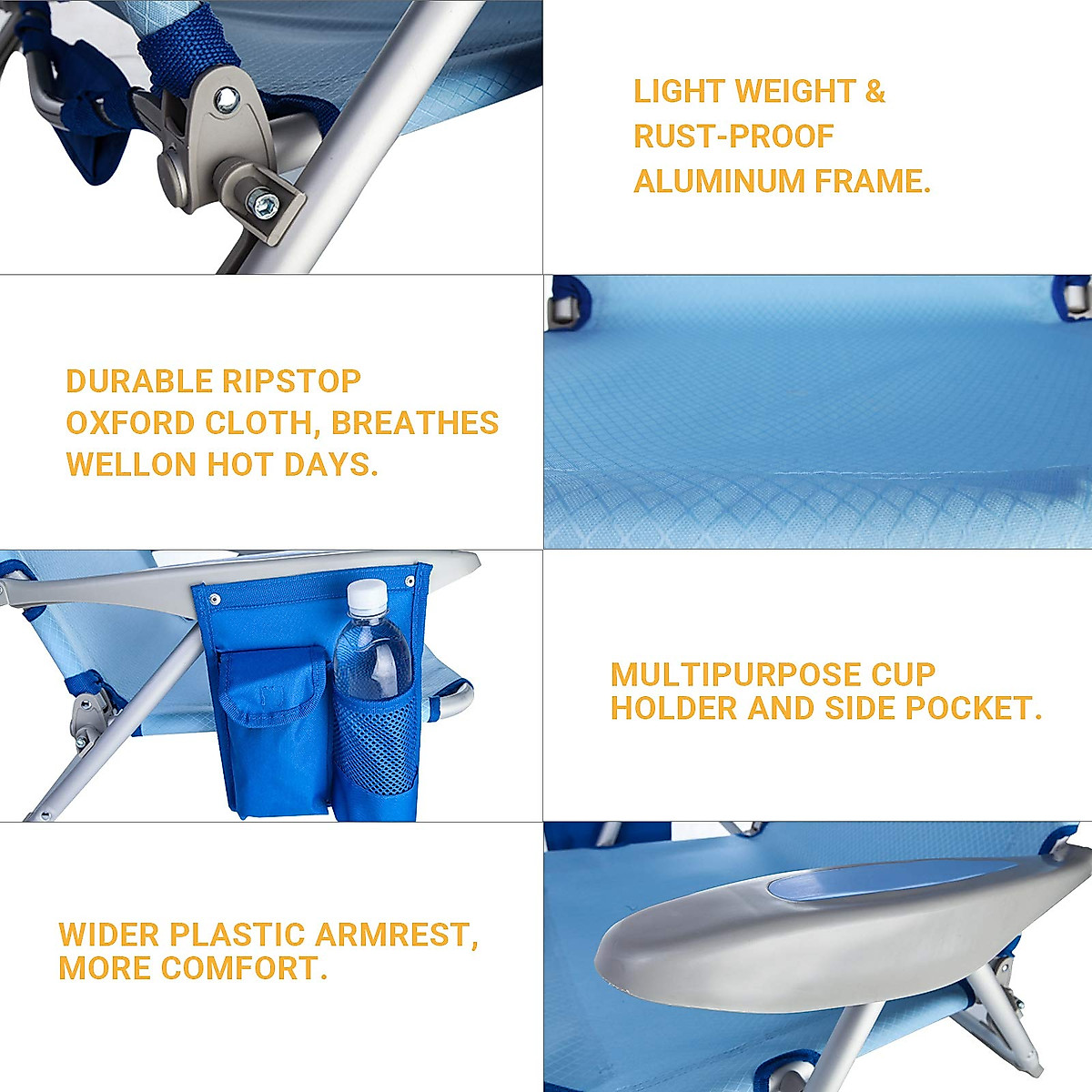 #WEJOY 4-Position Portable Reclining Beach Chair Lay Flat Stable Lightweight Folding Beach Chair with Removable Pillow, Side Pockets, Shoulder Strap, Supports 265 lbs