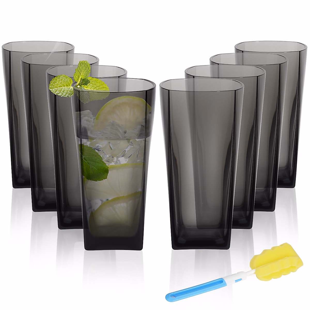 ALIMOTA 20-Ounce Reusable Drinking Glasses, Clear Shatterproof Plastic Tumblers with Cleaning Brush, Shatterproof Acrylic Glasses Drinkware, BPA Free, Set of 8 (20 Oz, Gray)