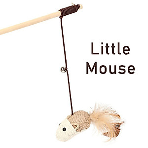 ROZZWILD Cat Teaser 3 PCS Interactive Cat Toys Set Mouse Hamster Balloon 16 inch (40 cm) Sturdy Natural Wood Rod Organic Hemp Cord Feather Elastic Rope Small Bell Catnip Lollipop