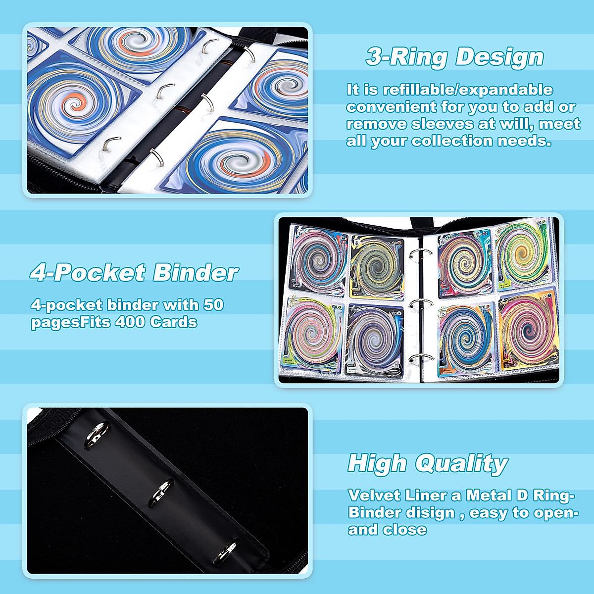 Jravkfi Trading Card Binder,4 Pocket Card Binder,Card Collection Binder with 50 Removable Sleeves Suitable for 400 Cards 3-Ring Zipper Trading Card Book is A Toys Gift for Girls and Boys-Yellow