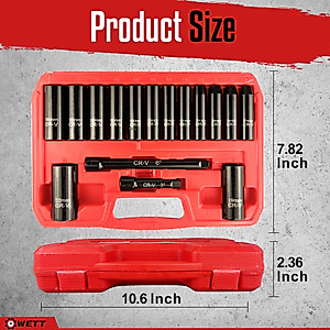 WETT 3/8-Inch Drive Deep Impact Socket Set, 16 Piece Metric Socket Set, 6 Point, Cr-V Steel, 7-22mm Sockets with 3", 6" Extension Bar
