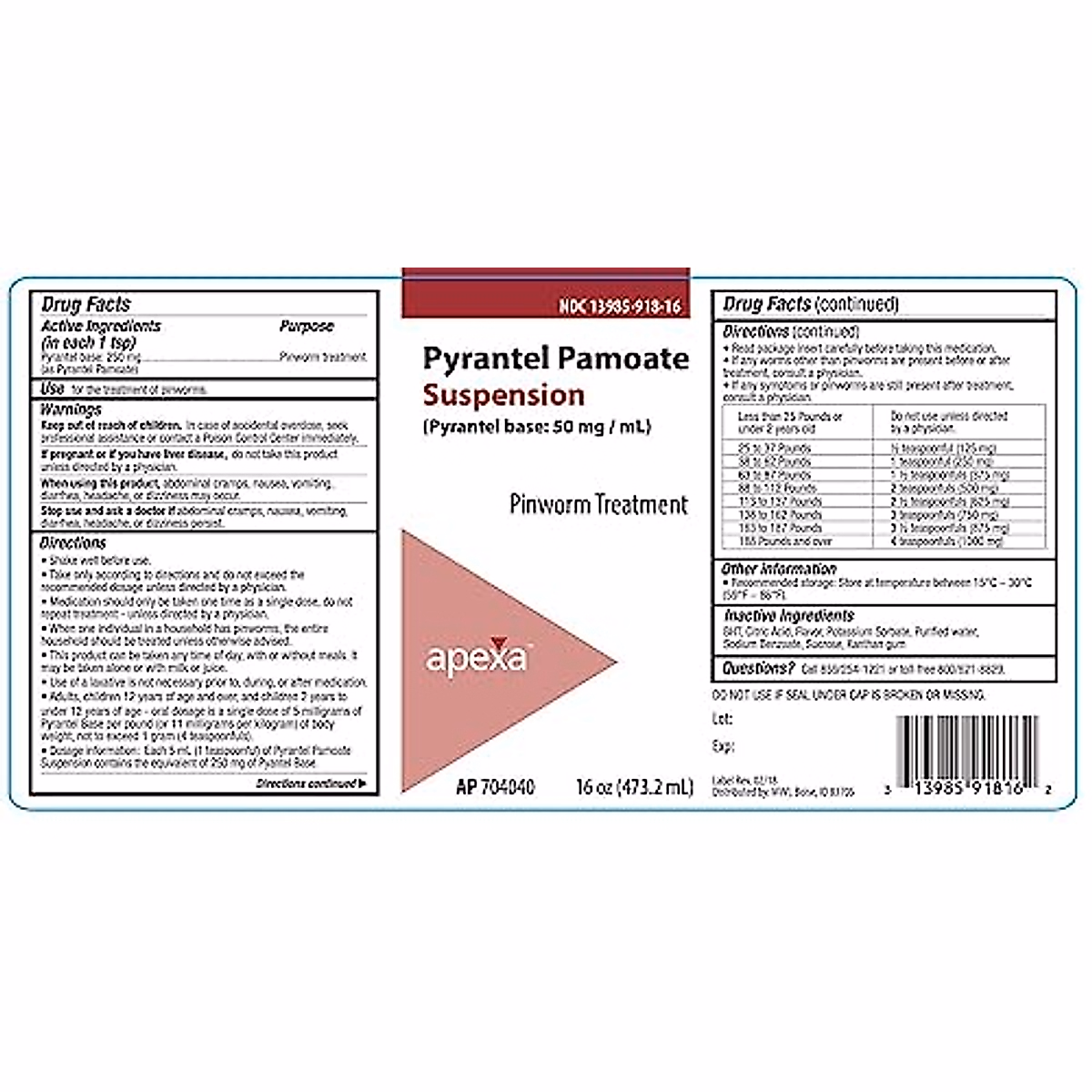 Apexa Pyrantel Pamoate Suspension, 50mg / mL, 16 Ounce