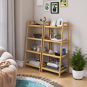 SMIBUY Bamboo Ladder Bookcase, Bathroom Storage Rack Organizer, 4 Tier Freestanding Plant Display Stand Space Saver Shelves for Bedroom, Kitchen, Balcony (Natural)