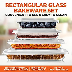 SereneLife Rectangular Glass Bakeware Set - 4 Sets of High Borosilicate with PE Lid, Heat-Resistant, Non-Slip Design, Convenient to Use & Easy to Clean, Elegant Design, Color White - SL4PBK22
