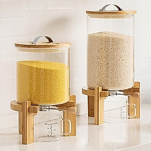 HBlife Glass Rice Dispenser with Wooden Stand Flour and Cereal Container with Glass Measuring Cup Pantry Food Organization Storage Bin with Airtight Bamboo Lid, 8L