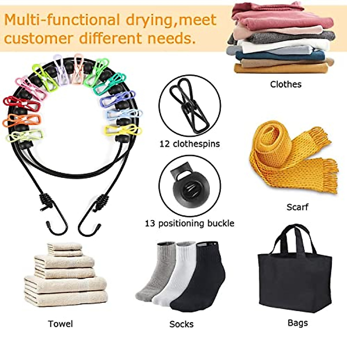 Portable Travel Clothesline with 12pcs Colorful Clothespins, Outdoors Windproof Stretchy Elastic Camping Laundry Clothes Line for Backyard, Vacation Hotel, Balcony Clothes Drying Line