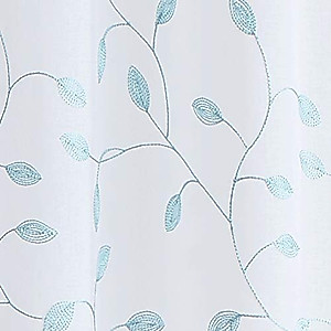 Fragrantex Sheer Kitchen Curtains 36" Length Spa Blue Leaf Embroidered Short Curtains for Bathroom Farmhouse Botanical Window Treatment Set for Cafe/Basement/Laundry,Rod Pocket 28" Wx36 L