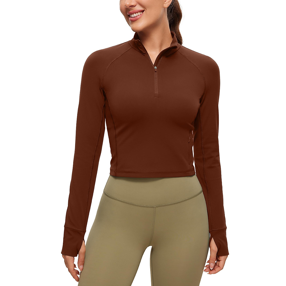 CRZ YOGA Women's Butterluxe Long Sleeve Workout Shirts Half Quarter Zip Sweatshirt Athletic Crop Tops Collared T-Shirts Jujube Brown Small
