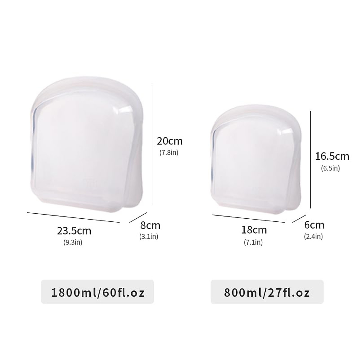 OTB Set of 2 Stand Up & Reusable Silicone Storage Bag, Silicone Food Storage Container, Leak-free, Microwave and Dishwasher Safe, BPA FREE Freezer Bags, Reusable Sandwich Bags Clear