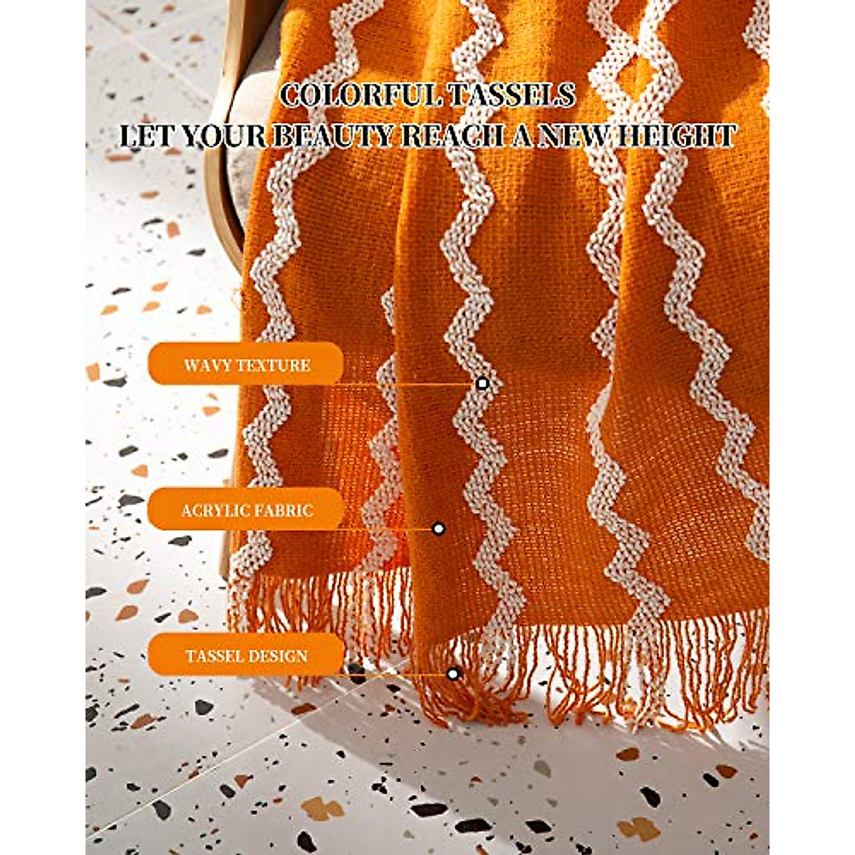 SPAOMY Fluffy Chenille Knitted Throw Blanket with Tassels Soft Cozy Lightweight Decorative Throw Blanket for Bed, Sofa, Travel- All Seasons (50x60 Inch, Dark Gold Wave)