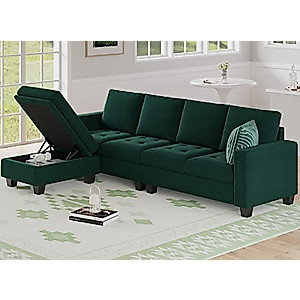 Belffin Velvet Reversible Sectional Sofa with Chasie Convertible Couch Storage Ottoman L Shaped 4-seat Green